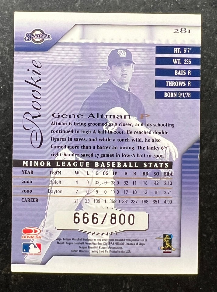 2001 Donruss Signature Gene Altman #281 666/800 | eBay