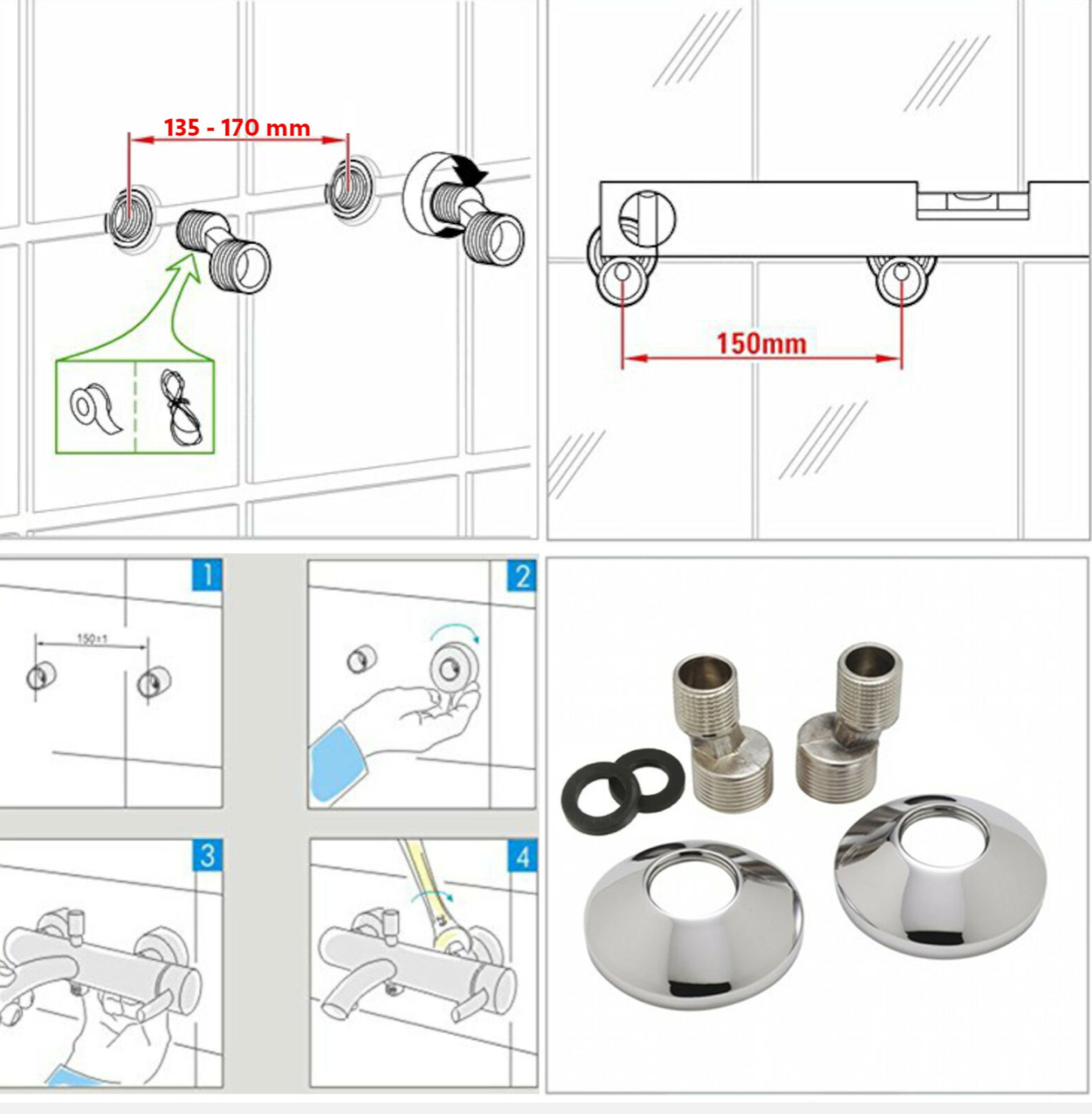 EASY FIT CHROME WALL MOUNTED FIXING KIT FOR SHOWER VALVE & BATH TAPS ...
