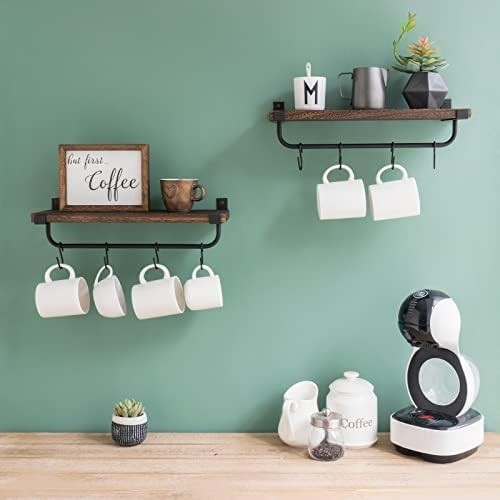 Wall Mounted Mug Rack Set – Rustic Coffee Bar Shelf with Hooks, Brown ...
