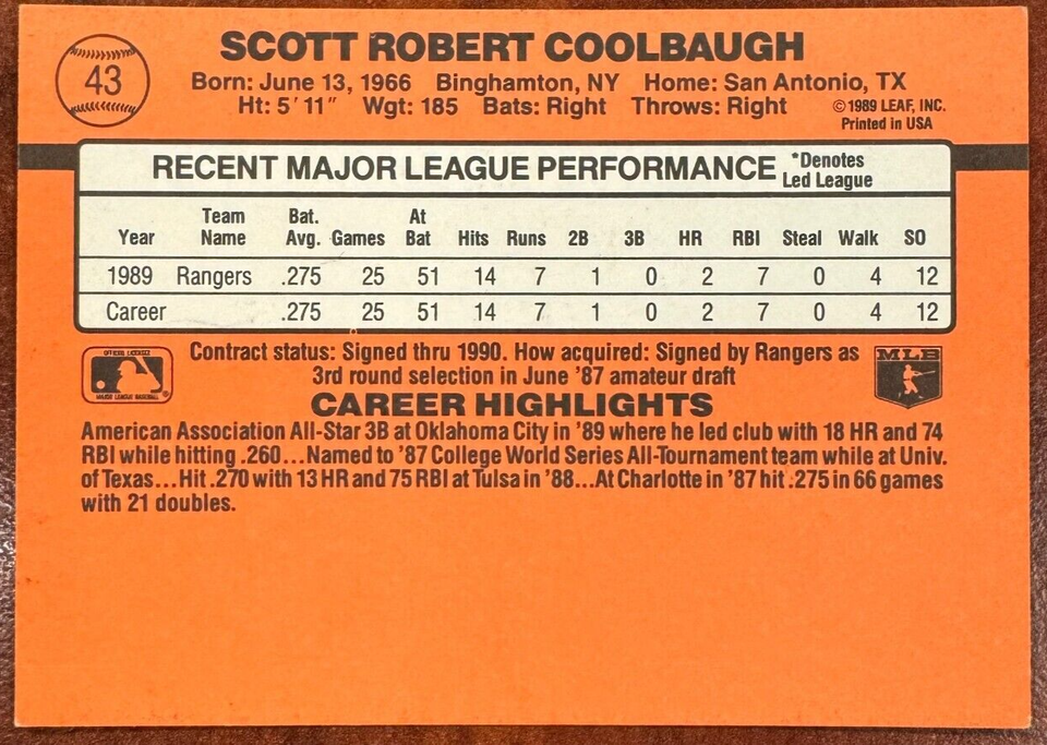 1990 Donruss/Leaf #43 - Scott Coolbaugh - Rated Rookie - Texas Rangers ...