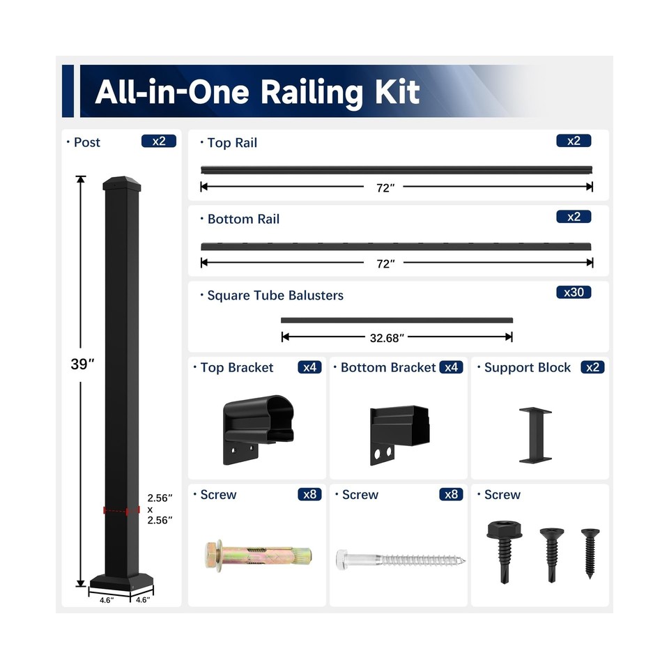 36 in. H x 12 ft. W Porch and Deck Railing Kit, Aluminum Railing Kit ...