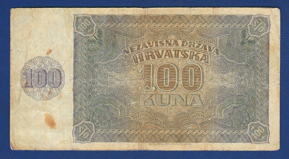 100 Kuna 1941. Croatia banknotes Croatian stamp ND Hrvatska Ratni ...