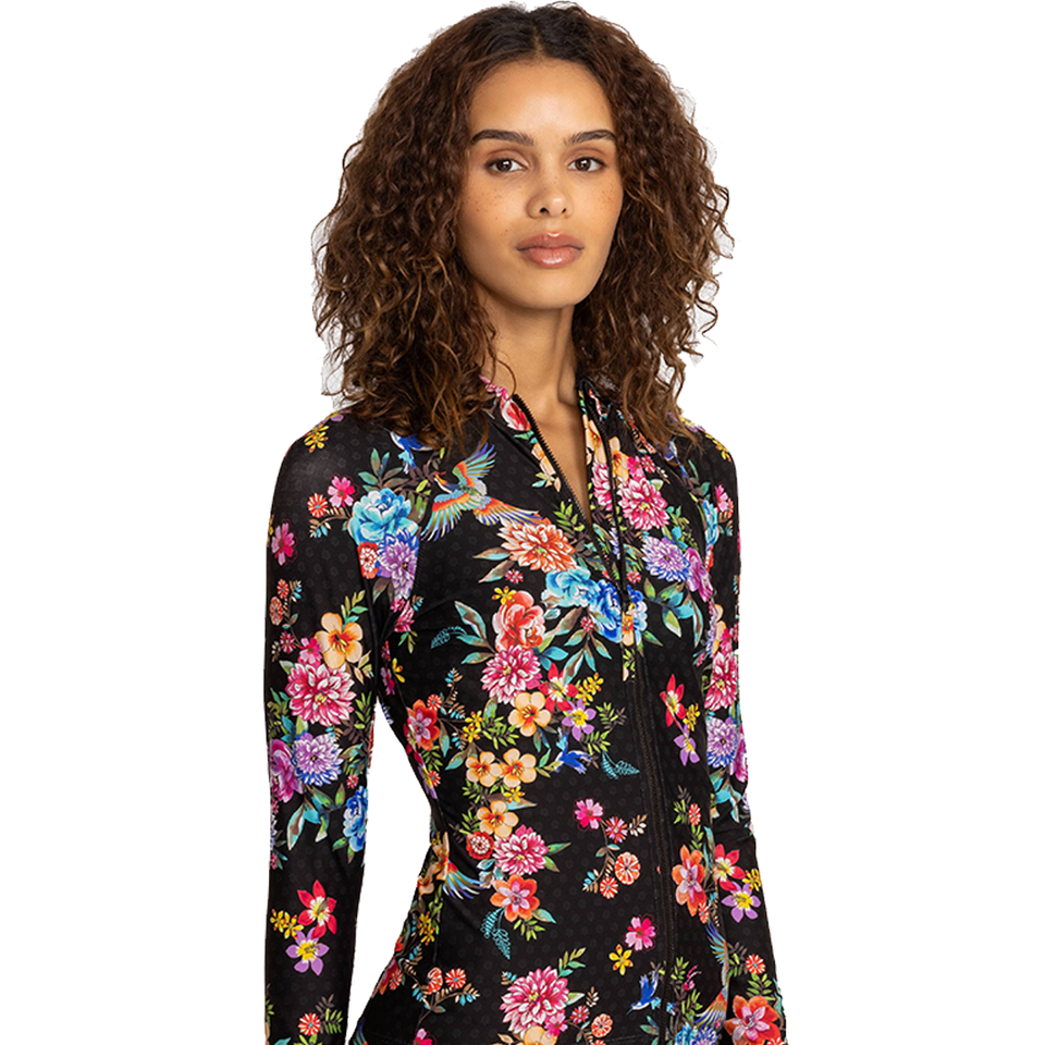 Johnny Was Sognatore Nero Swim Wear Surf Shirt Rash Guard Black Floral ...