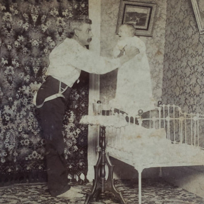 Father Pondering Single Life Stereoview c1896 Baby Crib Family Antique ...