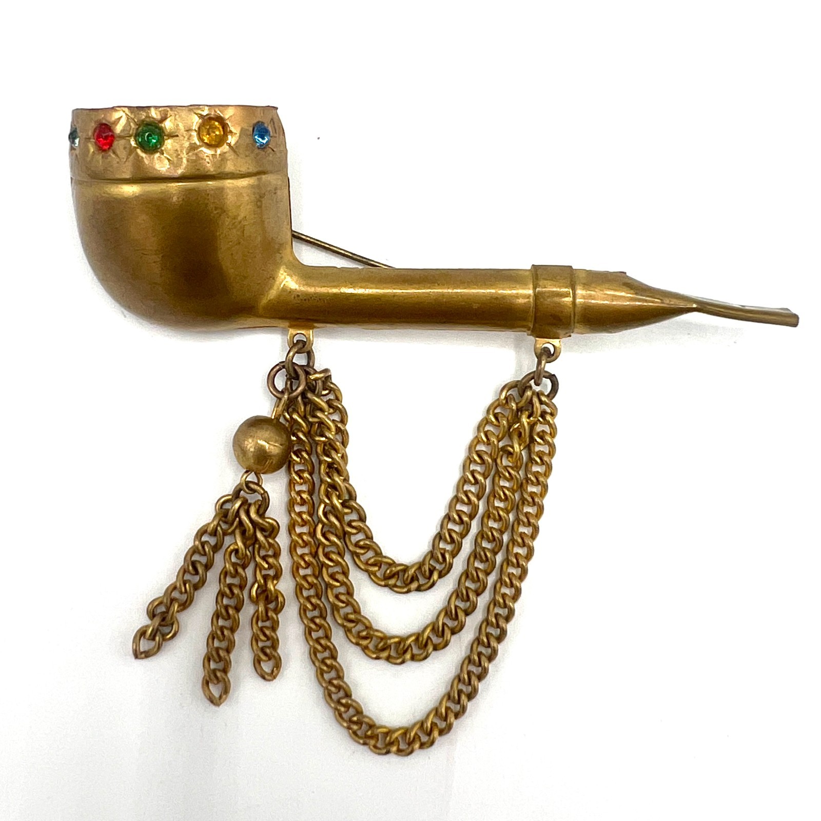 Vintage 1930s Figural Pipe Brooch with Dangling Chain… - Gem