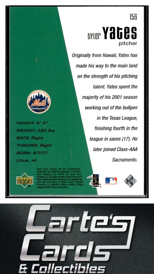 Tyler Yates 2002 Upper Deck Diamond Connection #156 New York Mets RC ...