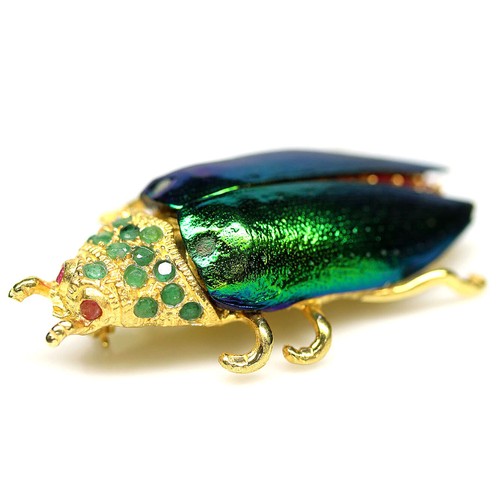 Gemstone Red Ruby, Emerald & Jewel Beetle Wings Brooch 925 Sterling ...