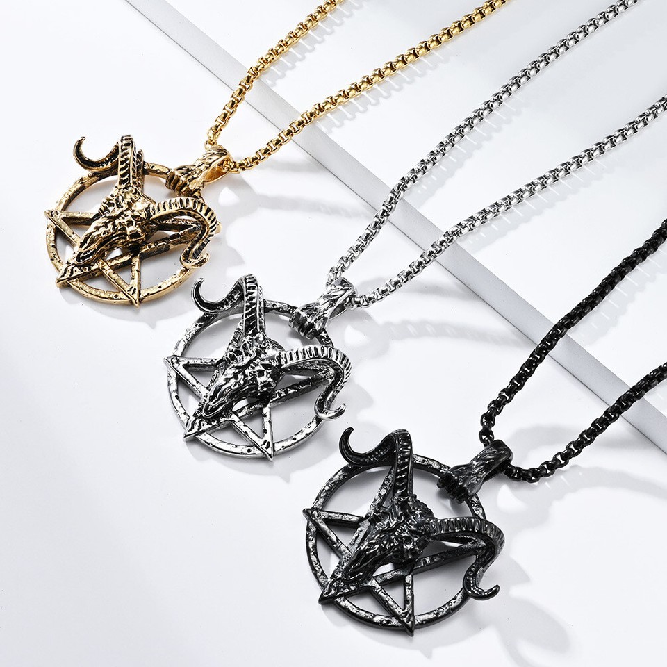 Men Leviathan Satanic Cross Necklace Stainless Steel Satan Goat Pendant ...