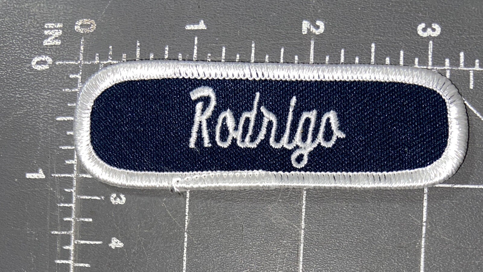 Vintage Rodrigo Name Tag Patch Badge Script Cursive White Blue Leeds ...