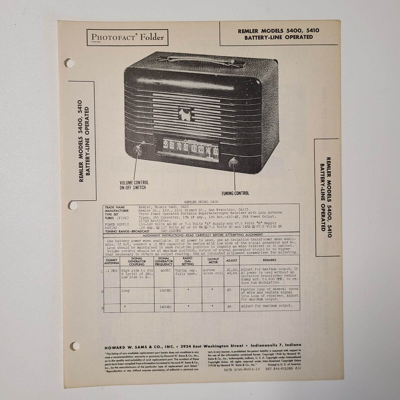 SAMS PHOTOFACT SERVICE MANUAL 44-19 REMLER RADIO 5400 5410 | eBay
