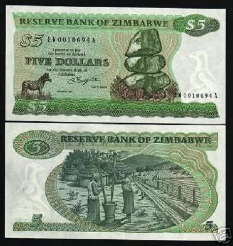 ZIMBABWE 5 DOLLARS P-2 B 1982 *BW* REPLACEMENT ZEBRA UNC RARE RHODESIA ...