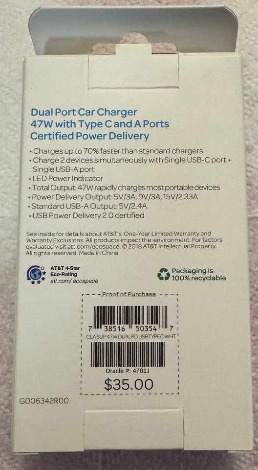 AT&T Dual Port 47W Power Car Charger (USB-C + USB-A) - White - NEW | eBay