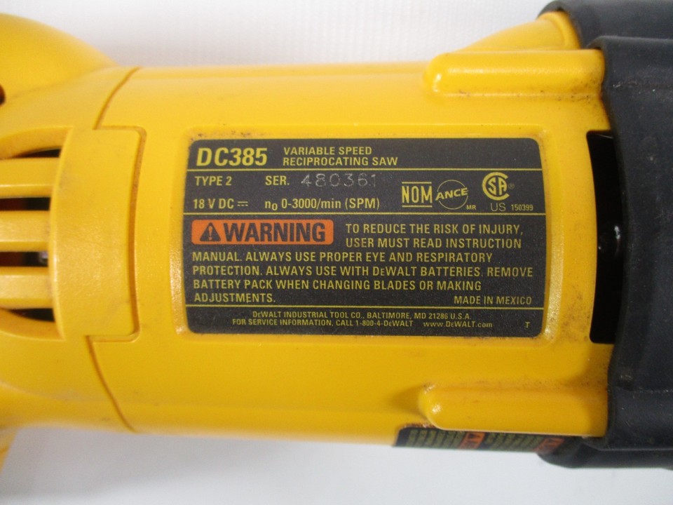 Dewalt DC385 18V Variable Speed Cordless Type 2 Reciprocating Saw Tool ...