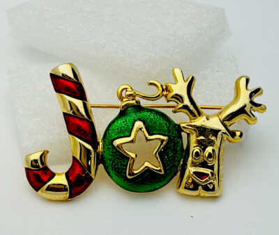 Danecraft Vintage 1980-90s Gold Plated Enamel Joy Christmas Pin/Brooch ...