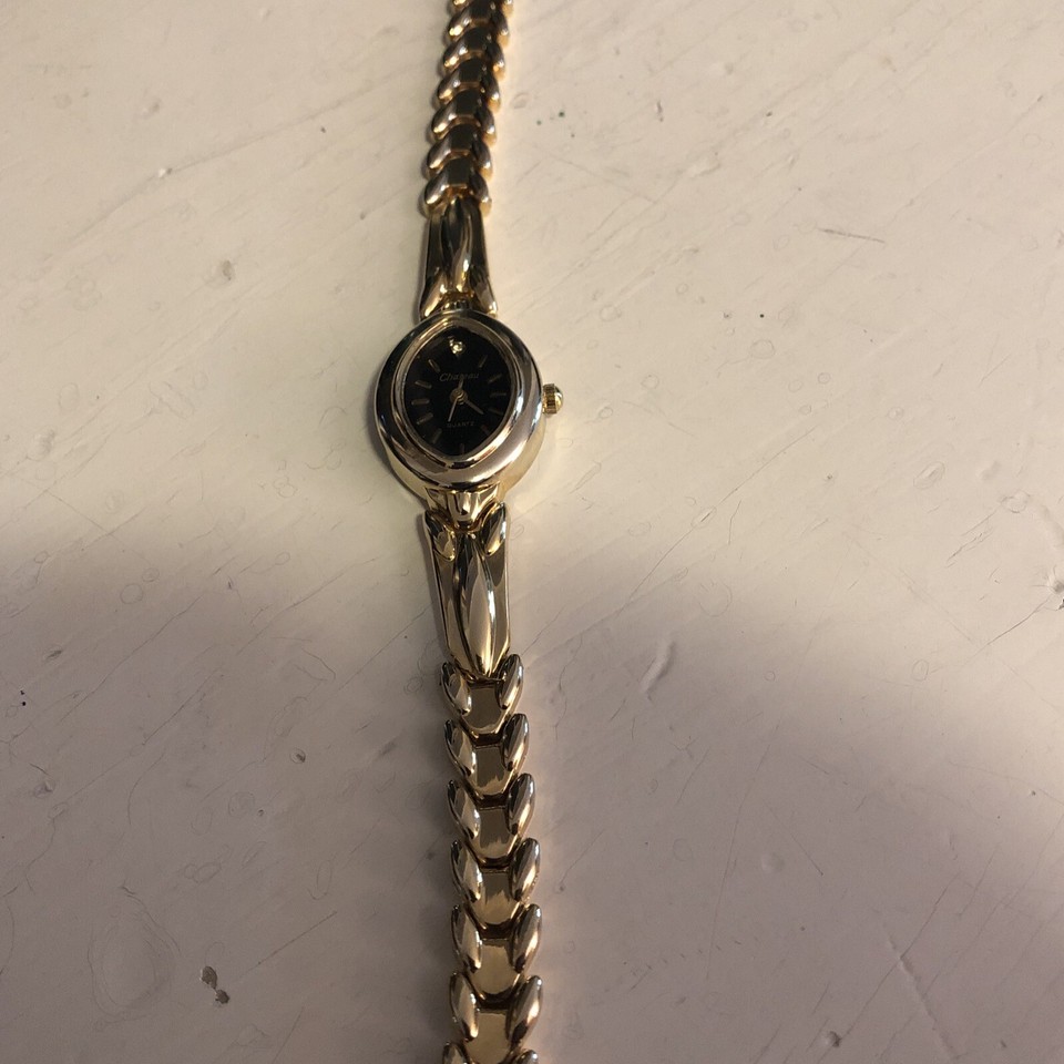 Chateau Watch Womens Silver Gold Two Tone Black Oval Dial New Battery ...