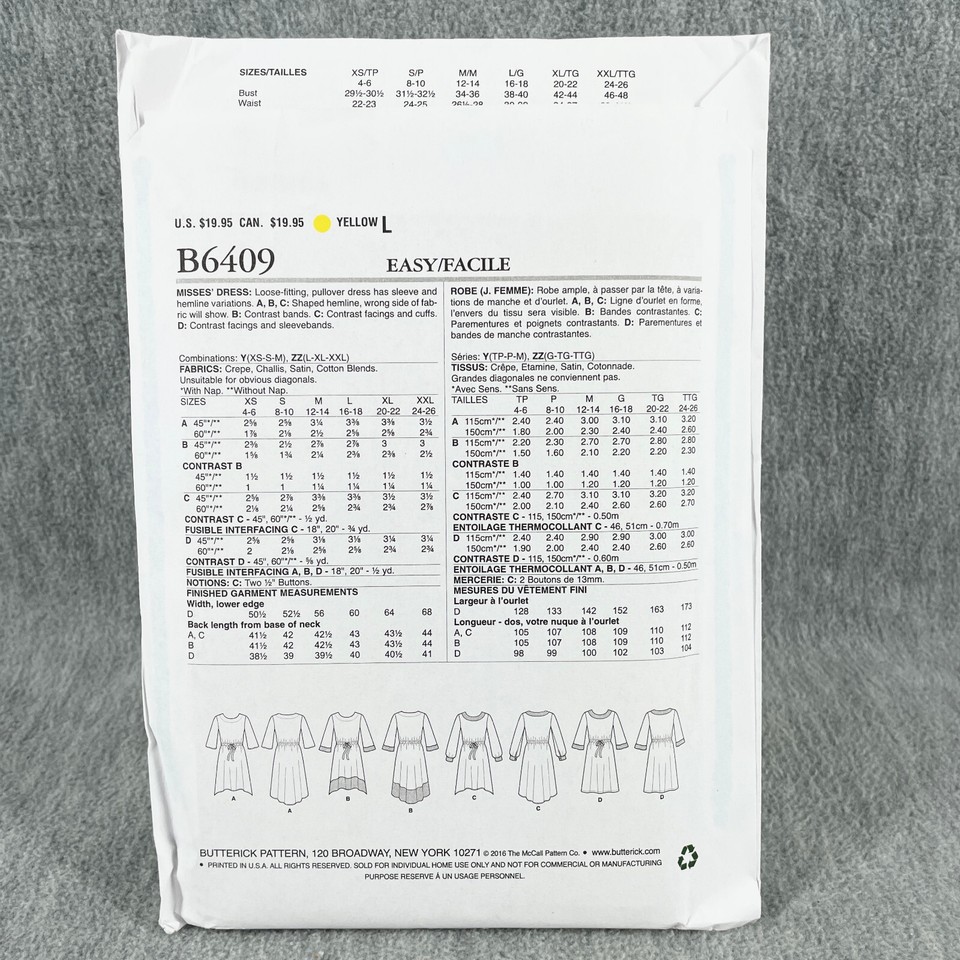 Butterick 6409 Plus Size Dress with Round Neckline Misses L XXL Sewing ...