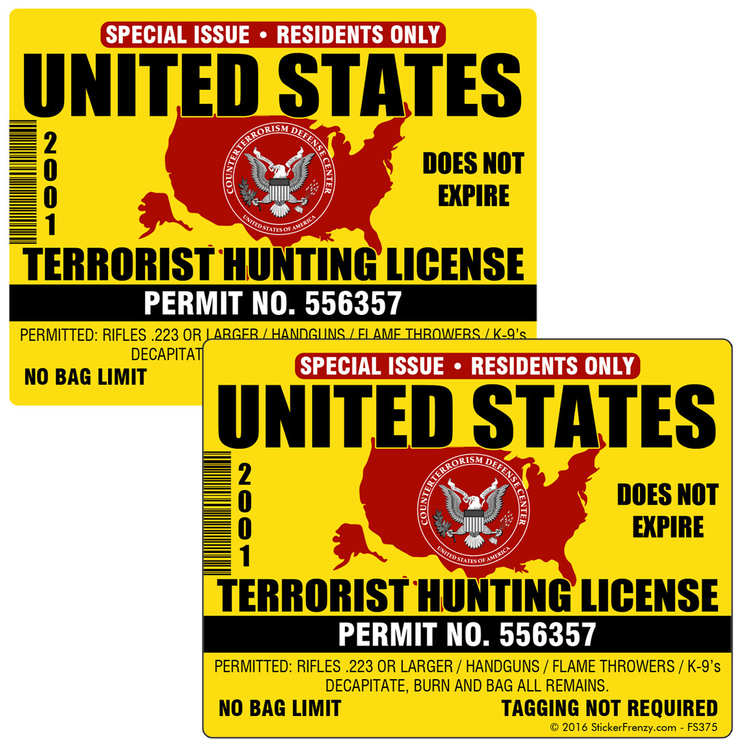 USA Terrorist Hunting License 2 Pk Sticker Permit Funny Decal Vinyl ...