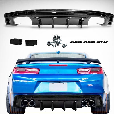 Rear Bumper Lip Diffuser Quad Exhaust Gloss Black PP For 16-24 Camaro ...
