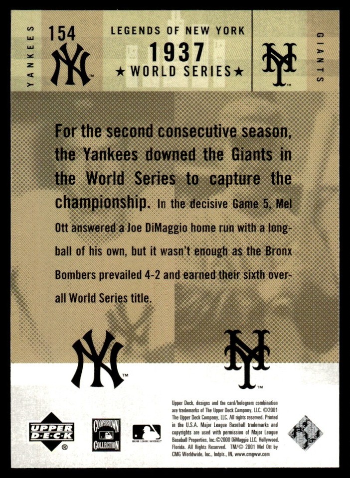 2001 Upper Deck Legends of New York Joe DiMaggio/Mel Ott 1937 World Series #154 | eBay