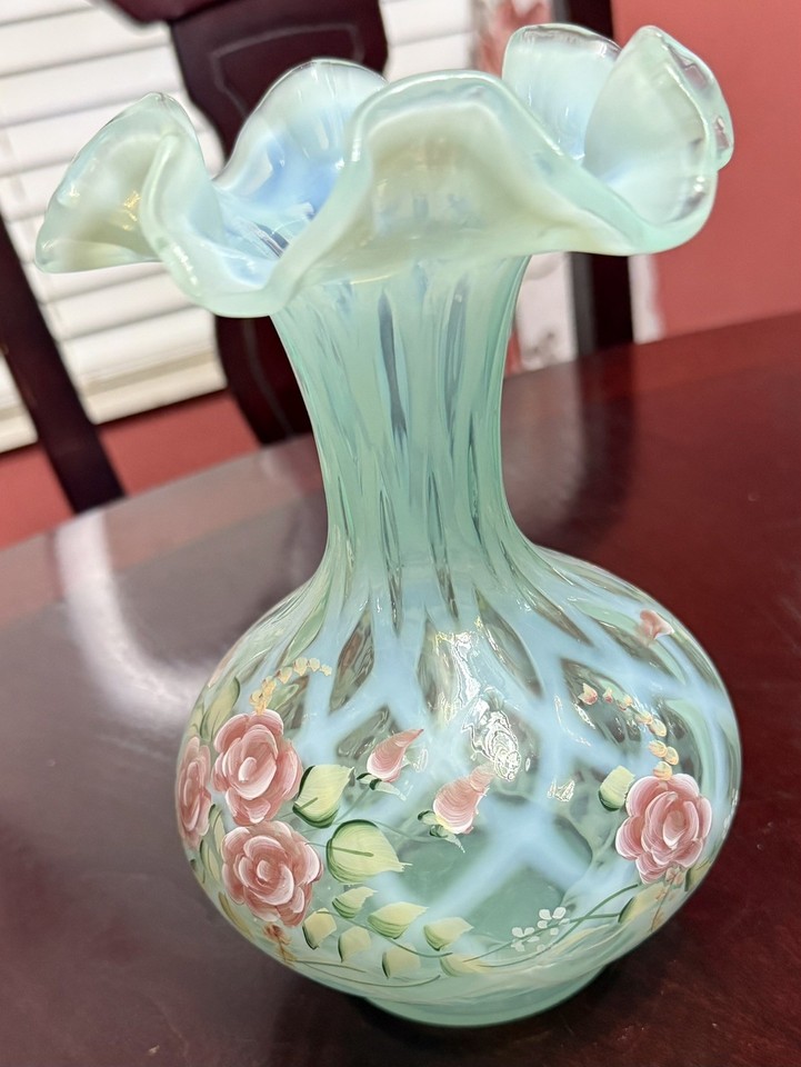 Limited to 1996 ONLY...VHTF Fenton**HP BLUSH ROSE ON OPALINE ROSE ...
