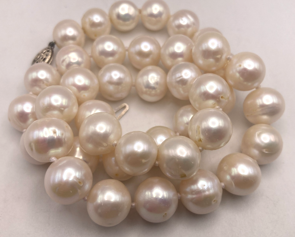 20" 9-10mm Hand Knotted Genuine Cultured Pearls Necklace w Sterling ...