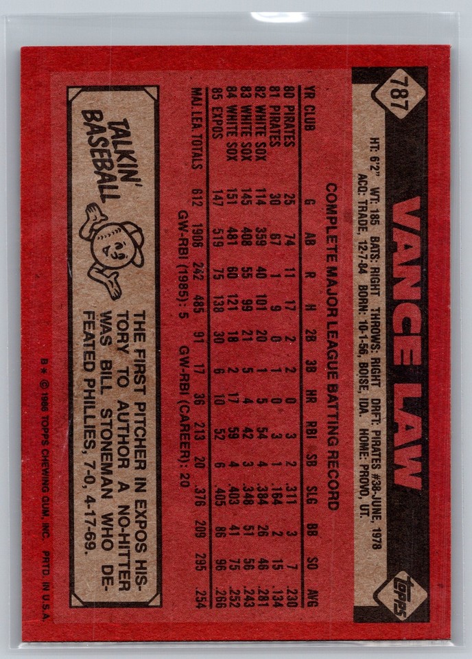 1986 Topps Vance Law #787 Montreal Expos | eBay