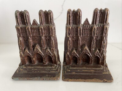 Vintage PAIR 5.5” Cast Iron Copper Tone Notre Dame Cathedral Bookends ...