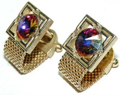 Vintage GAUDY FLASHY MEN JEWELRY CUFFLINKS RAINBOW STONES GOLD METAL ...