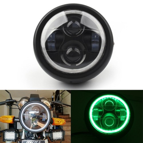6 1/2" Motorcycle LED Headlight Green Halo Ring For Cafe Racer Chopper ...