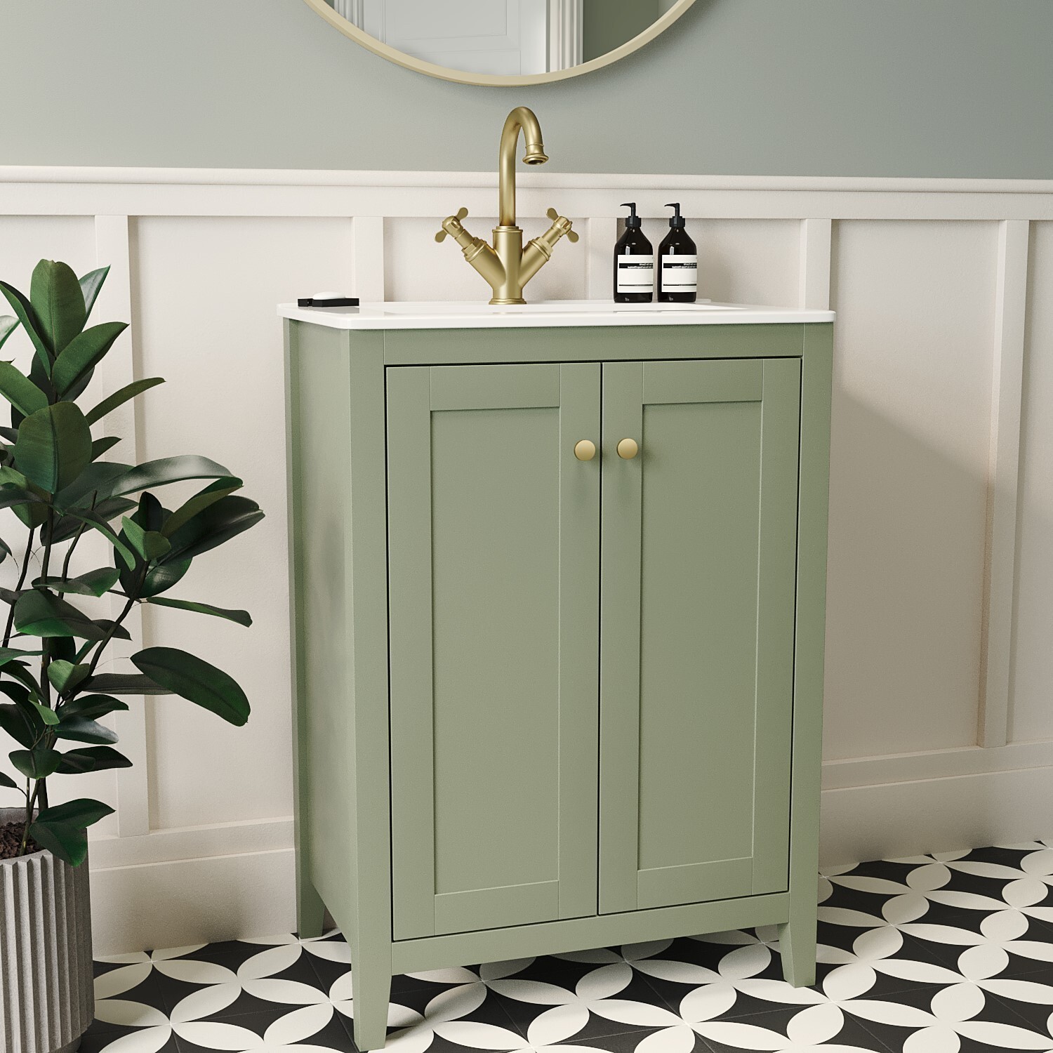 600mm Traditional Matt Sage Green Freestanding Vanity Unit with Basin ...