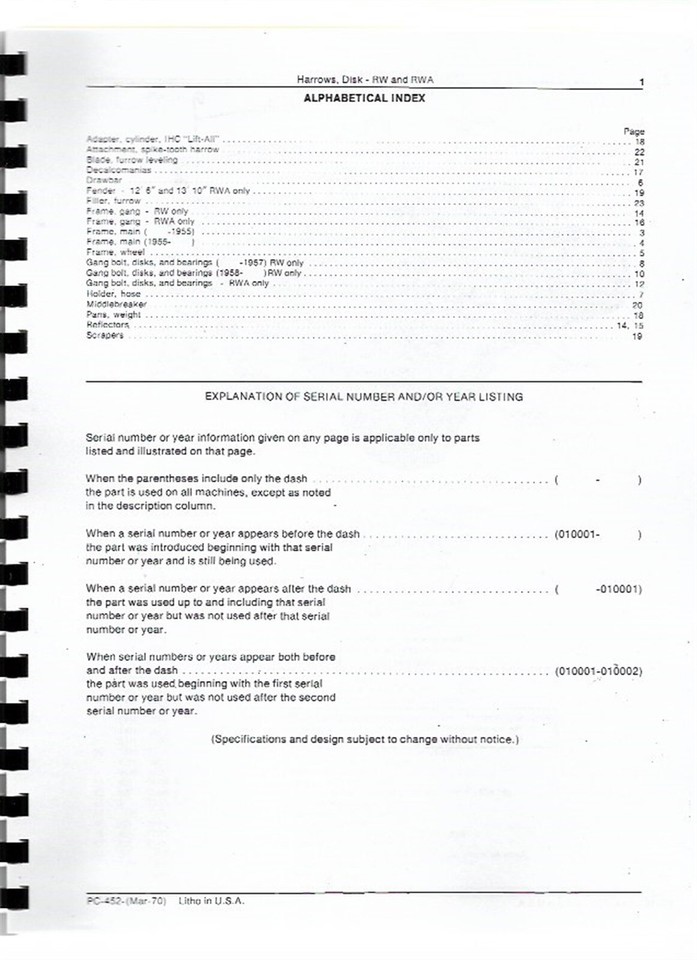 John Deere RW RWA Disc Harrow Parts Manual Catalog pc452 | eBay