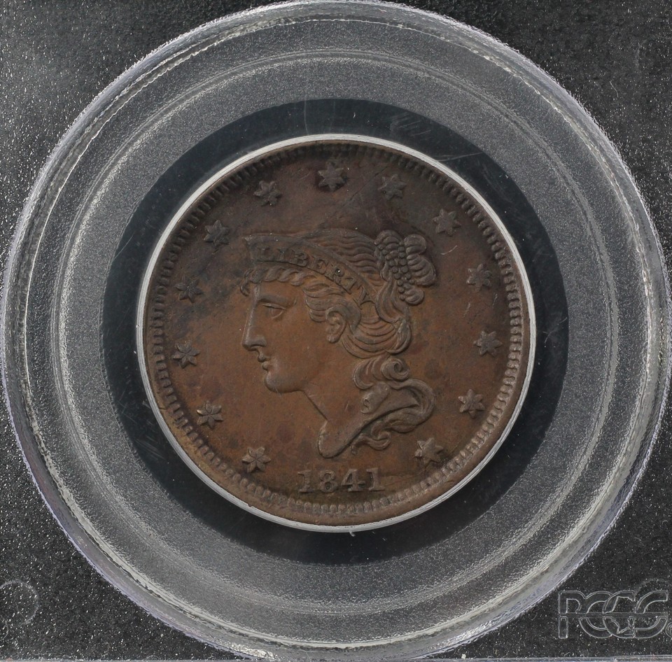 1841 BRAIDED HAIR LARGE CENT 1C PCGS AU50 OGH OLD GREEN HOLDER (PQ058 ...