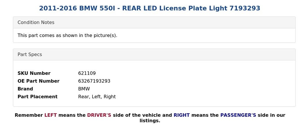 2011-2016 BMW 550I - REAR LED License Plate Light 7193293 | eBay