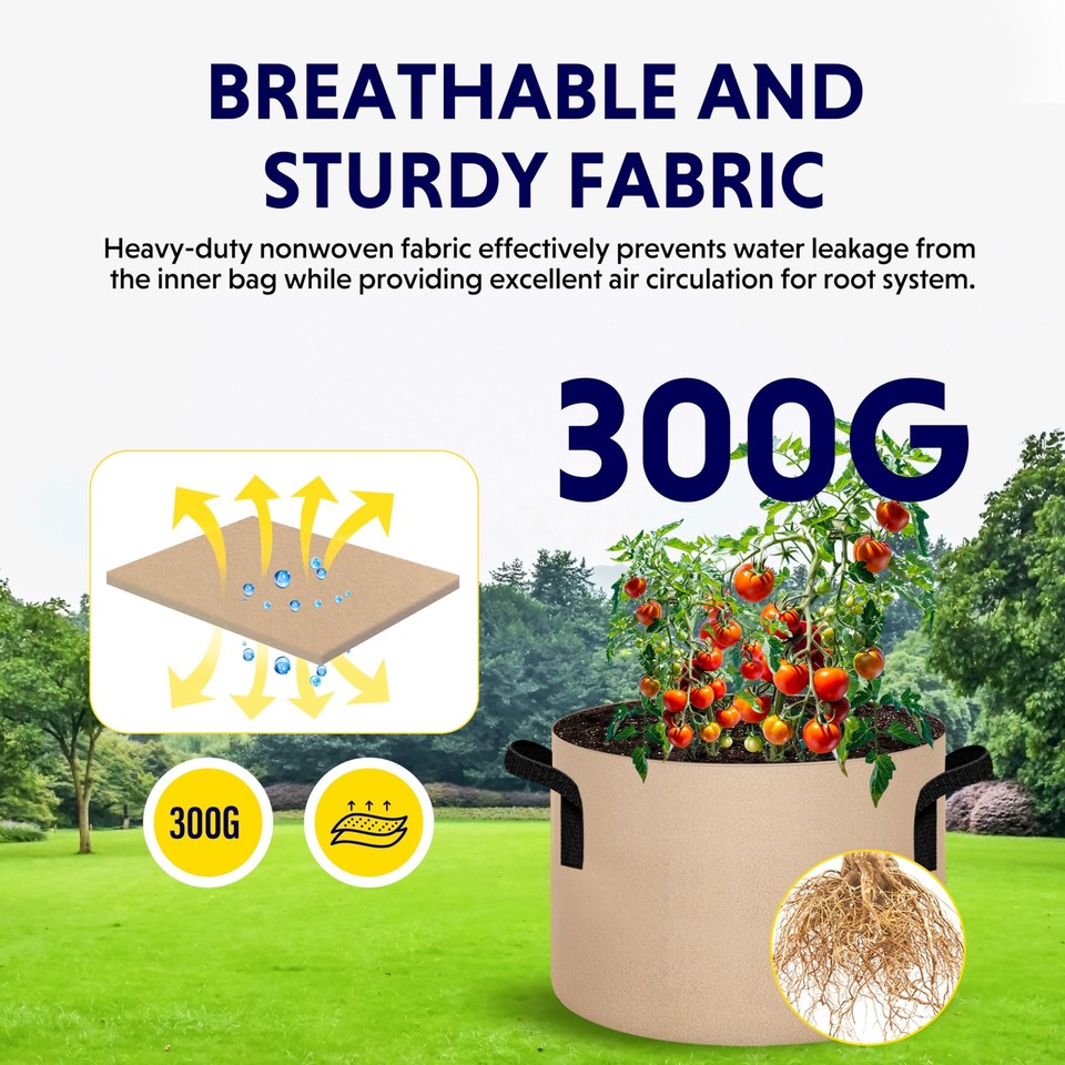 5-Pack 25 Gallon Grow Bags 300G Thick Nonwoven Aeration Fabric Pots Tan ...