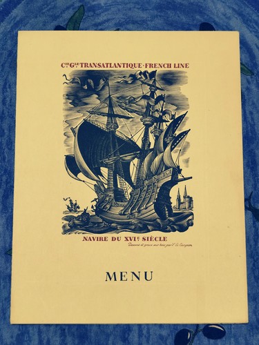 Menu paquebot COLOMBIE ♦ FRENCH LINE CGT ♦ 1937 ♦ Diner ♦ Dessiné par ...