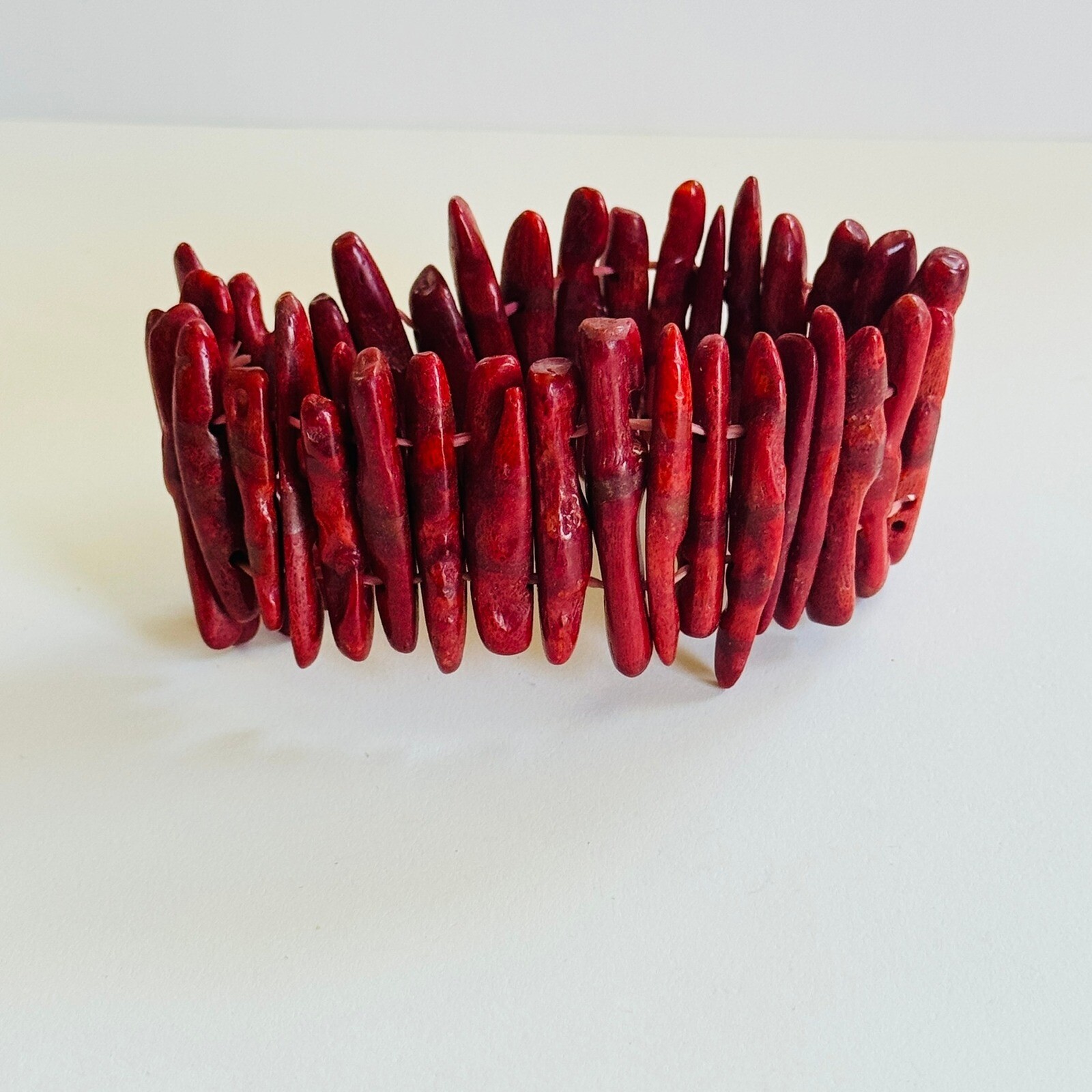 VTG Red Sponge Coral branch beads Stretch Bracelet Genuine Chunky BOHO ...