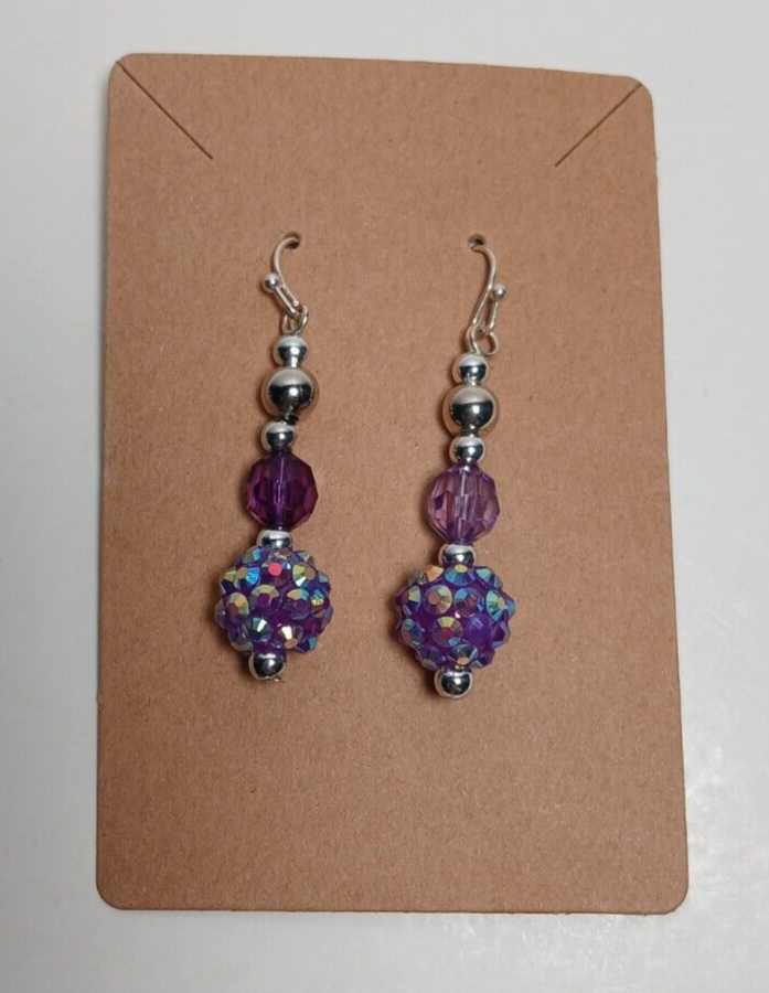 Long Dangle Purple Sparkly Crystal Beaded Silver French Hook Pierced Earrings | eBay