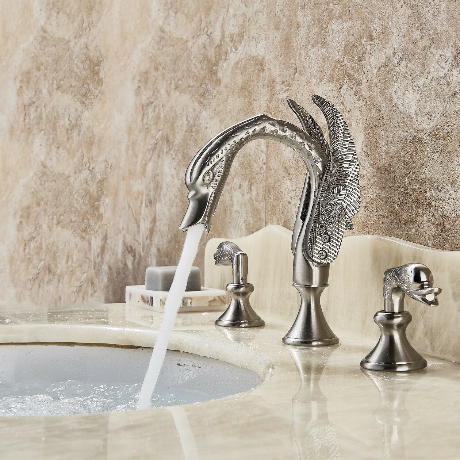 Waterfall Swan Bathroom Sink Faucet 3 Hole Dual Handles 8" Widespread ...
