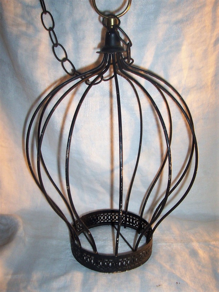 Vtg MCM Dome BIRD CAGE Metal CAST IRON +Chain Hanging PLANTER HOLDER ...