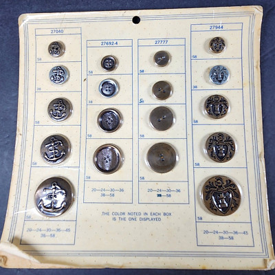 Vtg Salesman Sample 18 Buttons Card Metal Brass Heraldic Crest Anchors ...