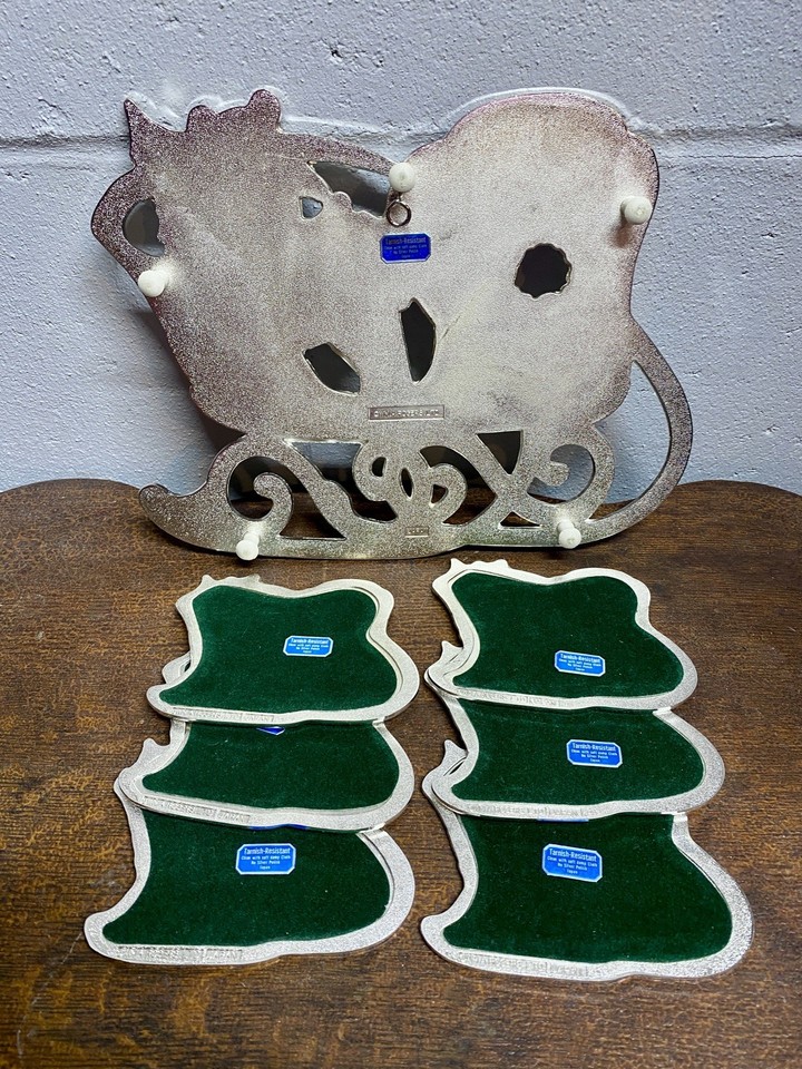 Vintage Holiday Sleigh Trivet 4 Coasters w/ Box Oneida Silver plate Wm ...