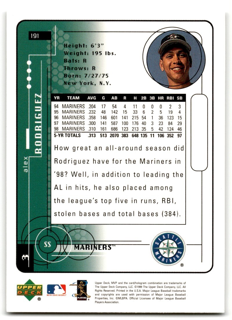 1999 Upper Deck MVP Alex Rodriguez Seattle Mariners #191 | eBay