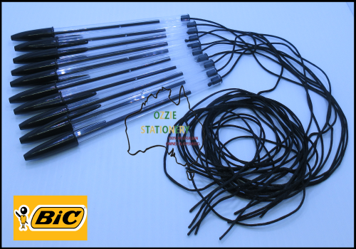 10 x BIC BLACK INK Cristal Ball Point Pens String Corded 1.0mm 10247 IN ...
