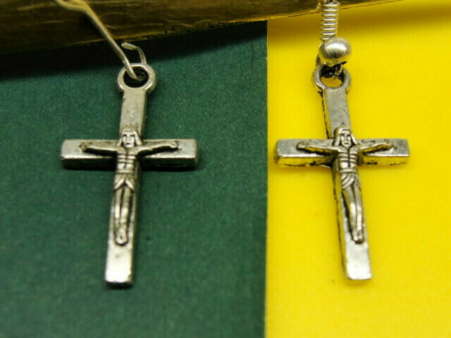 Cross Religious Silver Tone Vertical Drop Dangle Hook Earrings Womans ...