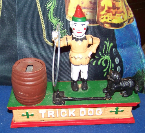 Trick Dog Cast Iron Mechanical Bank / Circus Clown & Jumping Dog | eBay