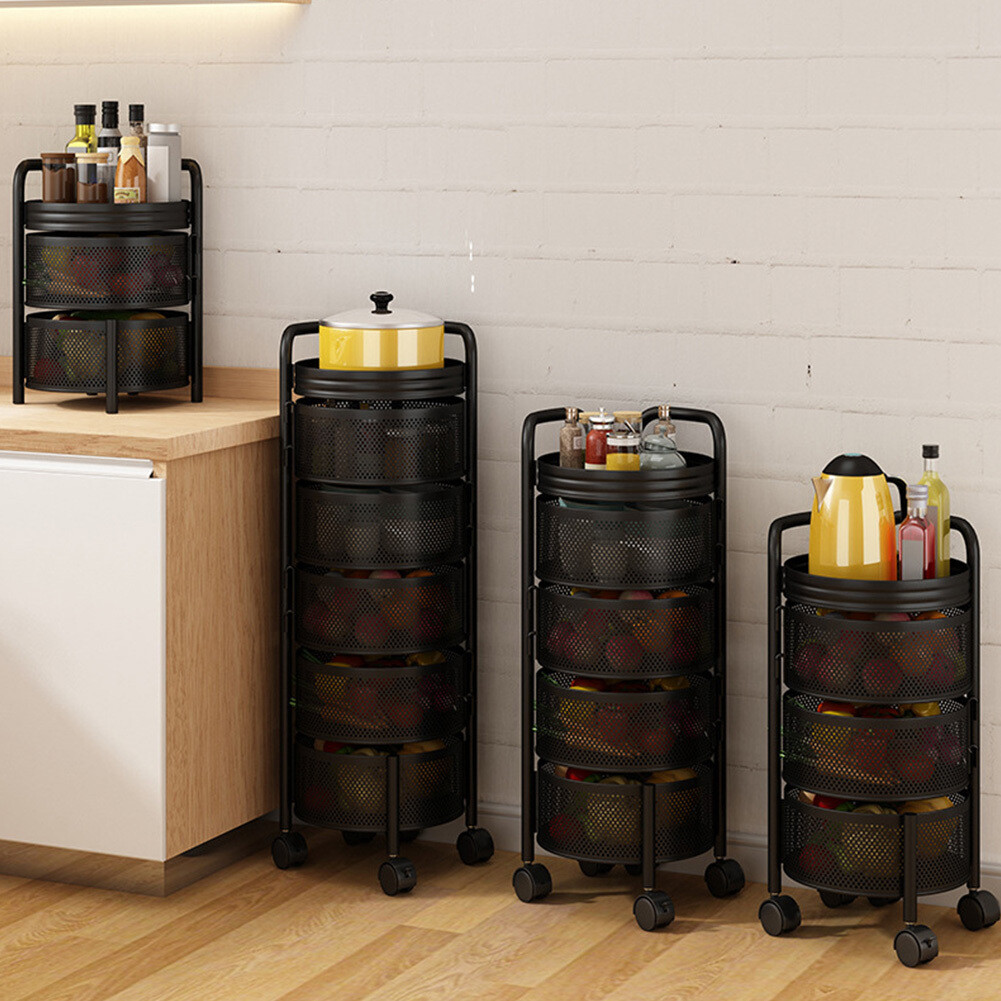 Metal Rotating Basket Rack Kitchen Storage Shelf Fruit Vegetable Holder ...