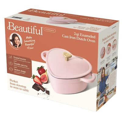 Drew Barrymore 2Qt Cast Iron Dutch Oven Heart-Shaped Pot w/ Lid, Pink ...