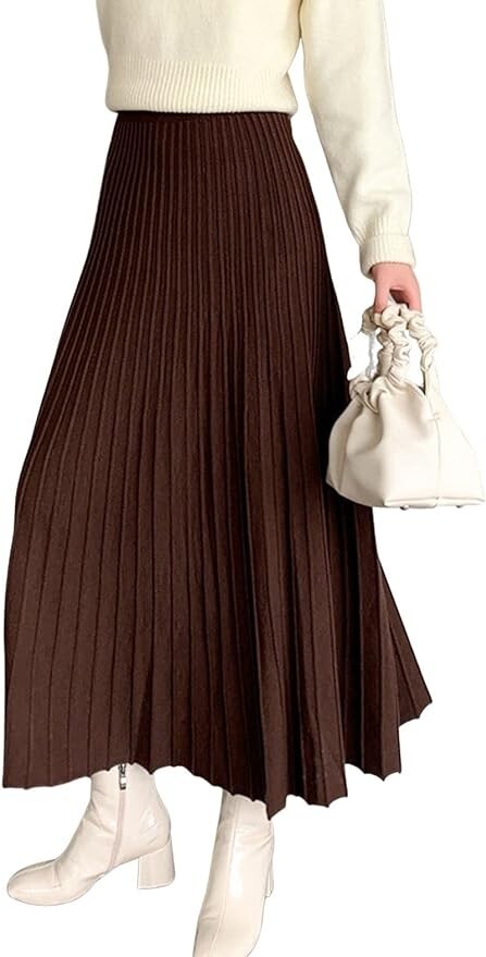 Women's Fall Winter High Waist Pleated A-Line Long Knit Sweater Skirt ...