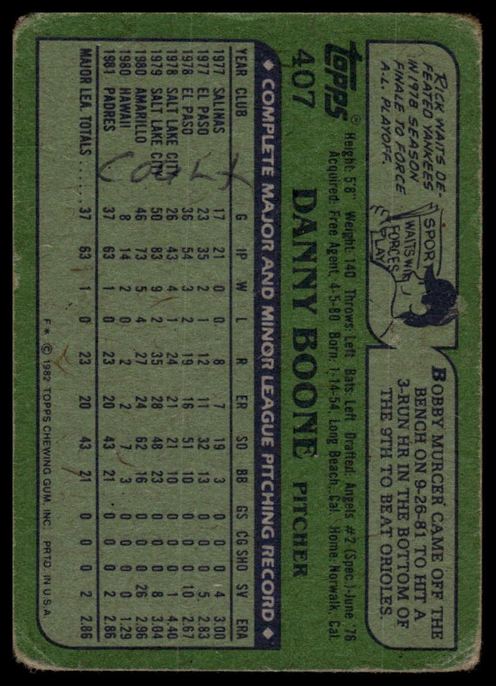 1982 Topps #407 Danny Boone | eBay
