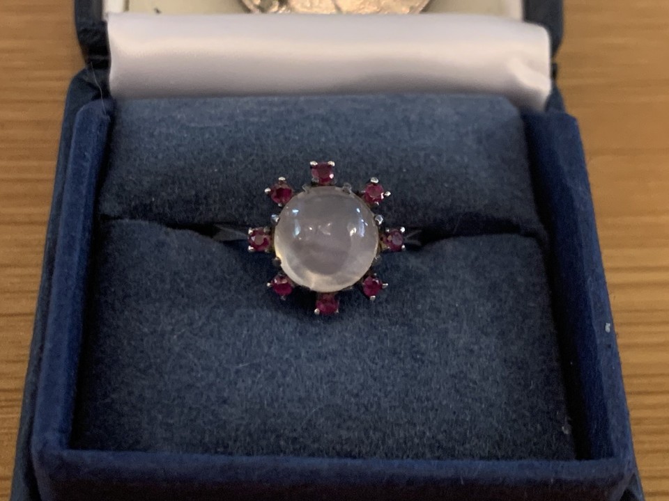 VINTAGE ANTIQUE STERLING SILVER FLUTED BEZEL MOONSTONE RED GEMSTONE ...